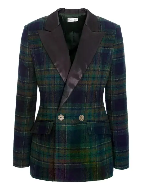 CUANNA Plaid-pattern Double-breasted Blazer - Green