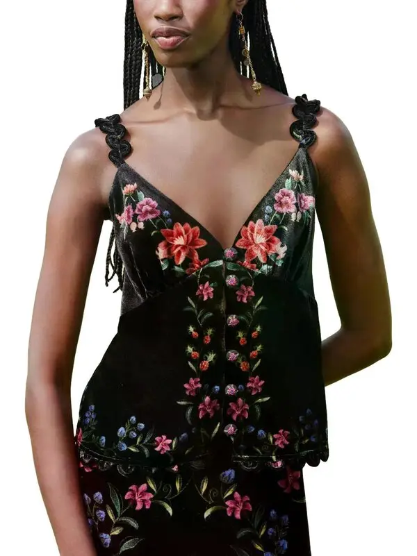 Farm Rio Floral-pattern Straps Top - Black