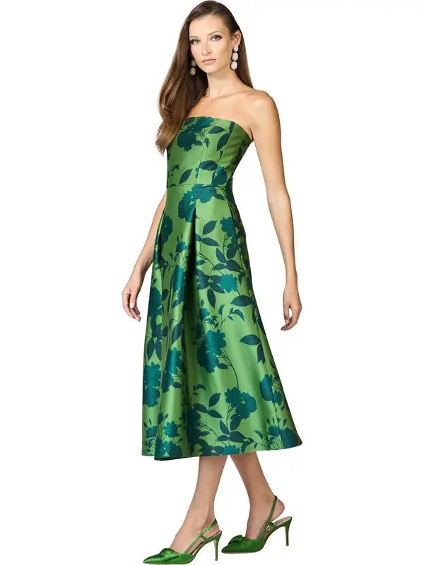 Sachin & Babi Shay Strapless Tea-length Dress - Empress Green Roses