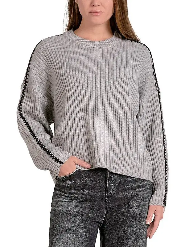 Elan Ribbed Blanket Stitch Sweater - Grey/ Black