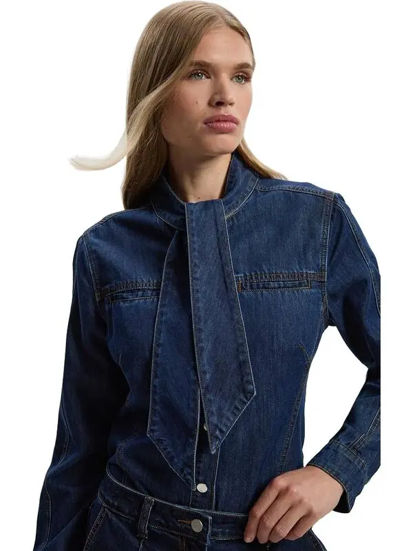 Karen Millen Denim Pussybow Blouse - Mid Blue