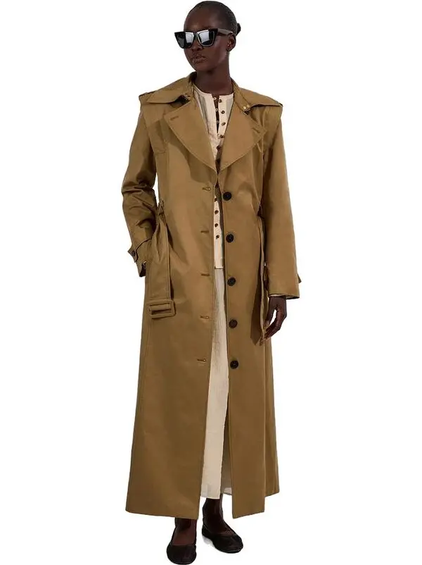 Karen Millen Strong Shoulder Belted Maxi Trench Coat - Olive