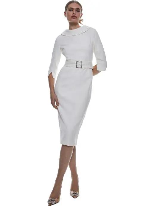 Karen Millen Crepe Roll Neck Pencil Midi Dress - Ivory