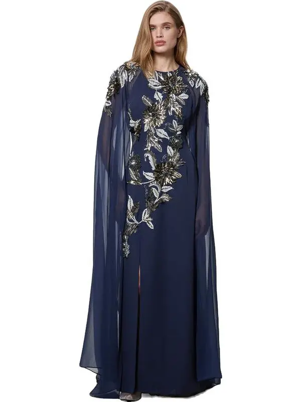 Karen Millen Floral 3d Cape Sleeve Maxi Dress - Navy