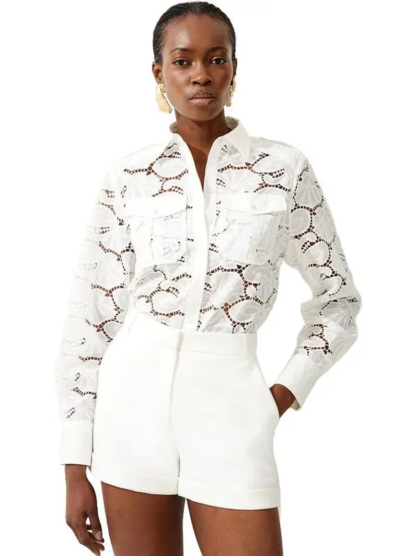 Karen Millen Cotton Cutwork Woven Shirt - White