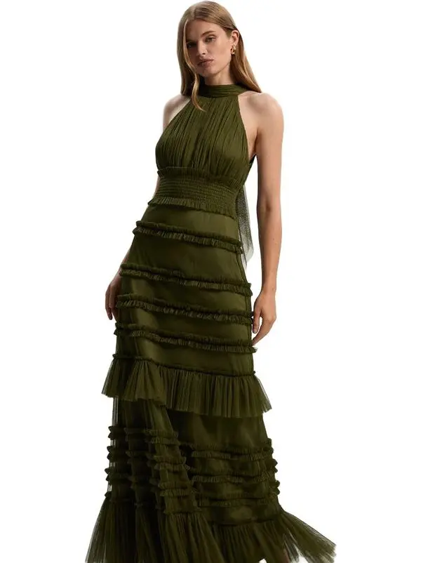 Karen Millen Tulle Layered Halter Neck Maxi Dress - Khaki