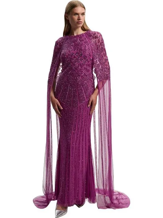 Karen Millen Embellished Caped Maxi Dress - Purple