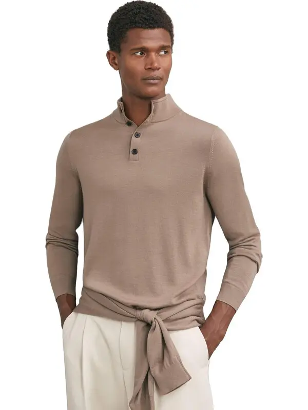 REISS Farnham Merino Wool Half-button Funnel Jumper - Camel Brown