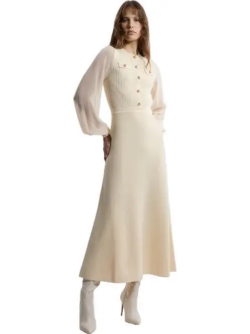 Karen Millen Military Trim Chiffon Sleeve Knit Dress - Cream