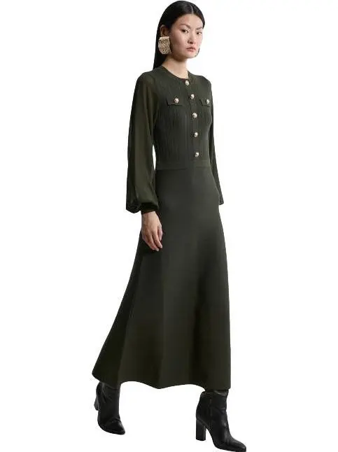 Karen Millen Military Trim Chiffon Sleeve Knit Dress - Olive