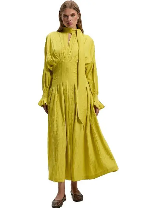 Karen Millen Pleated Neck Tie Detail Woven Maxi Dress - Chartreuse