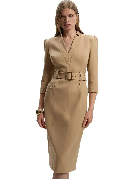Karen Millen Belted 3/4 Sleeve Midi Dress - Camel