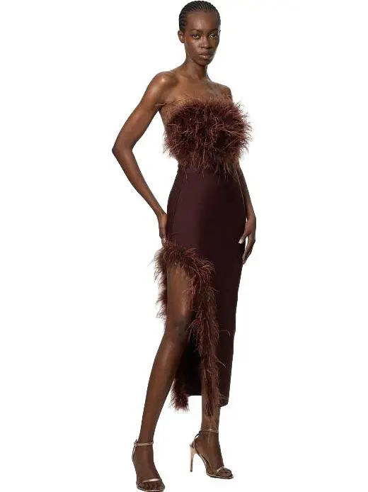 Karen Millen Feather Detail Bandeau Knit Midi Dress - Chocolate
