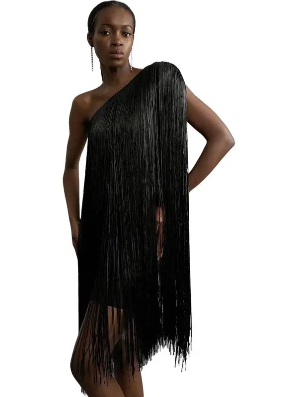Karen Millen Asymmetric Draped Fringe Mini Dress - Black