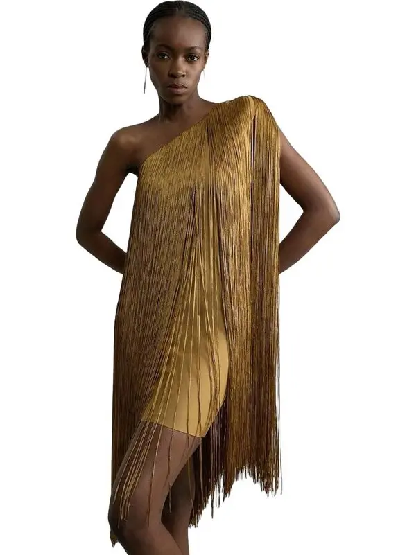 Karen Millen Asymmetrical Draped Fringe Mini Dress - Chartreuse
