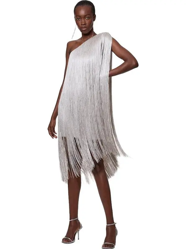 Karen Millen Petite One-shoulder Fringe Mini Knit Dress - Silver