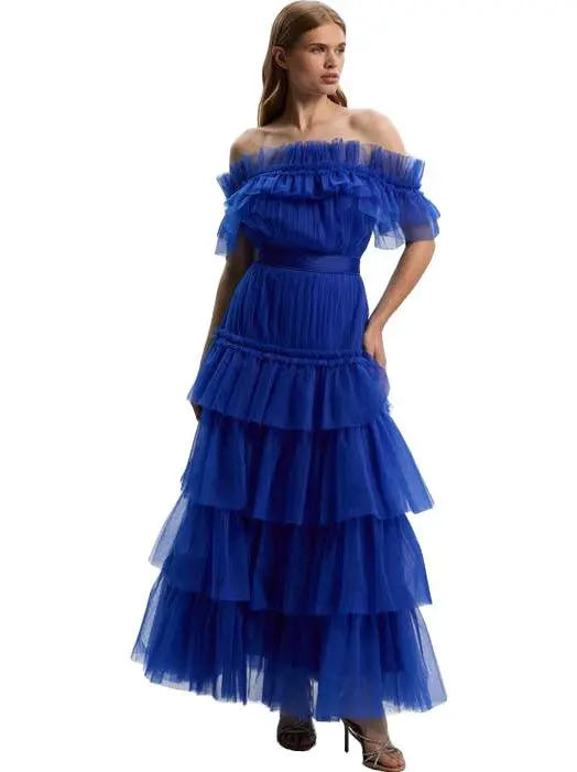 Karen Millen Tulle Off Shoulder Maxi Dress - Cobalt