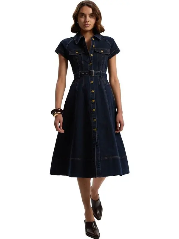 Karen Millen Denim Corset Midi Dress - Dark Blue