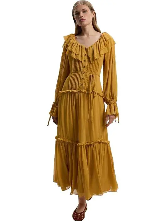Karen Millen Georgette Ruffle Woven Maxi Dress - Ochre