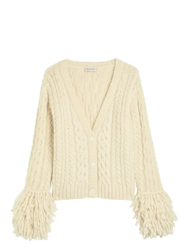 Moncler Wool-blend Cardigan With Fringed Details - Natural