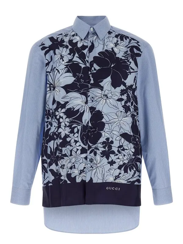 Gucci Floral Print Cotton And Silk Twill Shirt - Light Blue