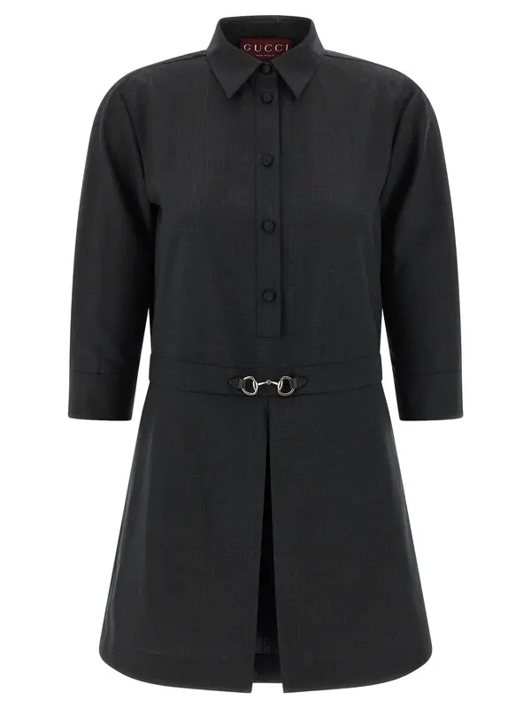 Gucci Morsetto Mini Wool Shirt Dress - Gray