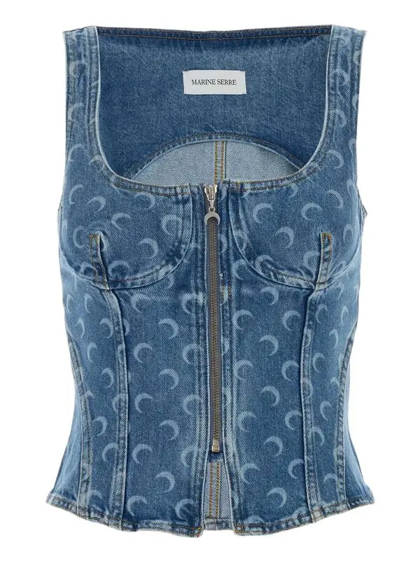 MARINE SERRE Moon Denim Bustier Top - Clear Blue