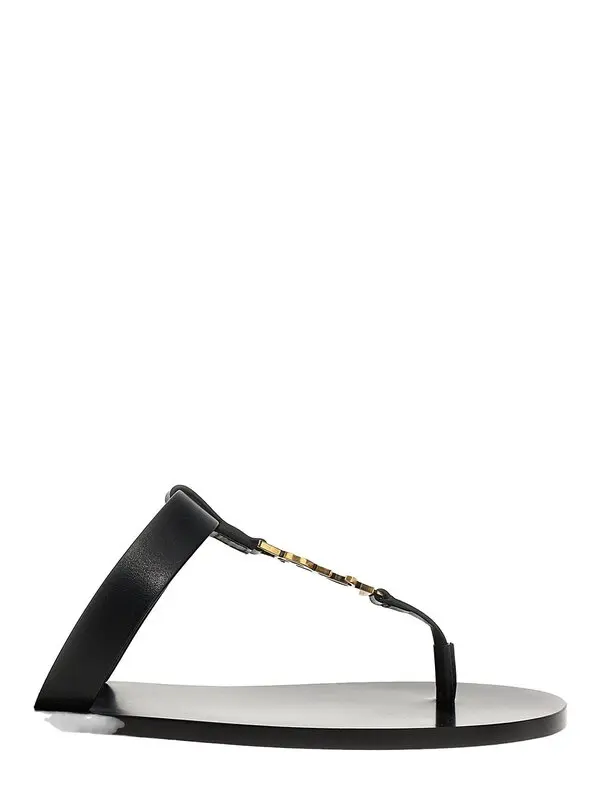 Saint Laurent Cassandre Leather Thong Sandals - Black