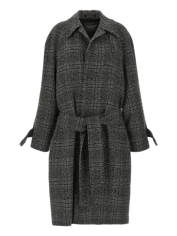 Balenciaga Wool Check One Layer Coat - Black