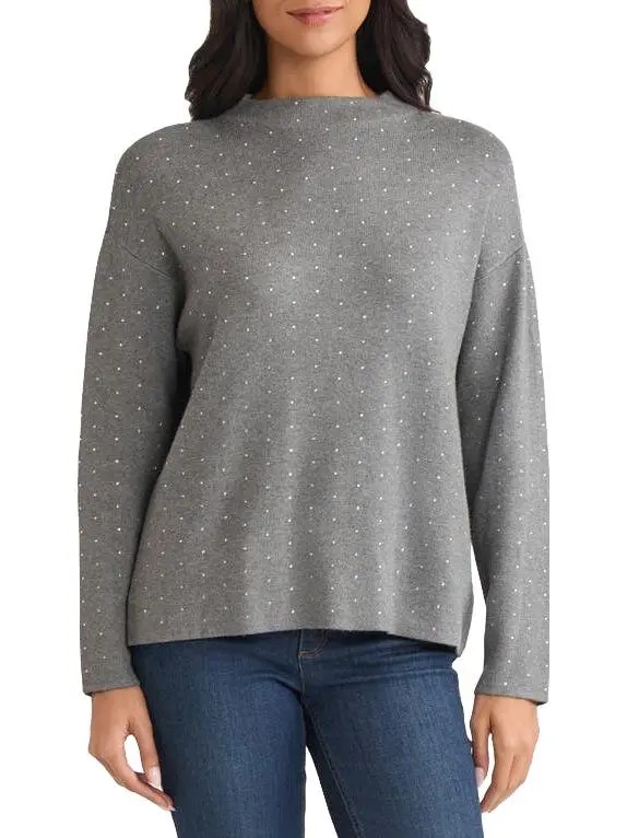 Jones New York Rhinestone Mock Neck Sweater - Smoke Heather