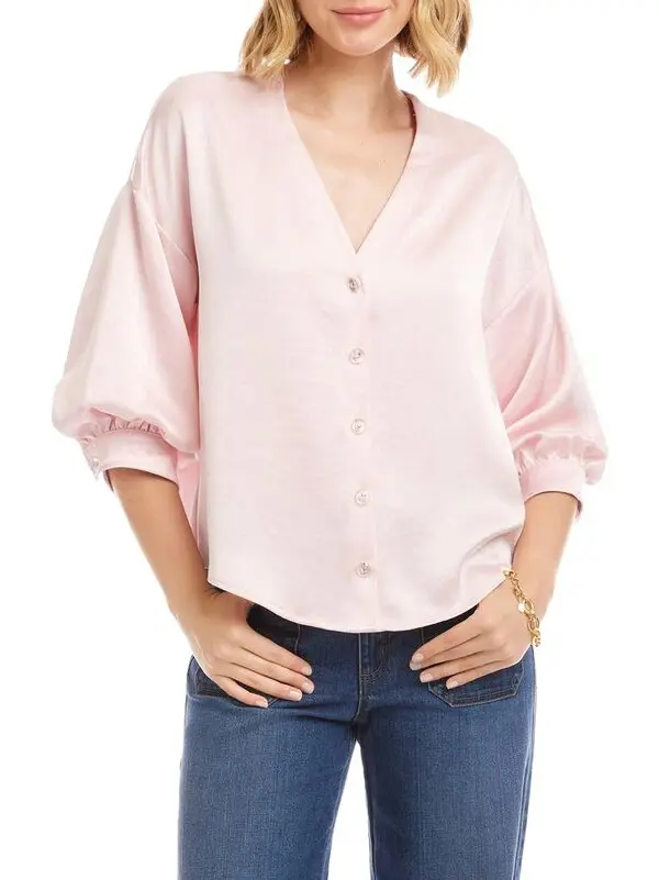 Karen Kane Satin Lantern Sleeve Button-up Shirt - Pink