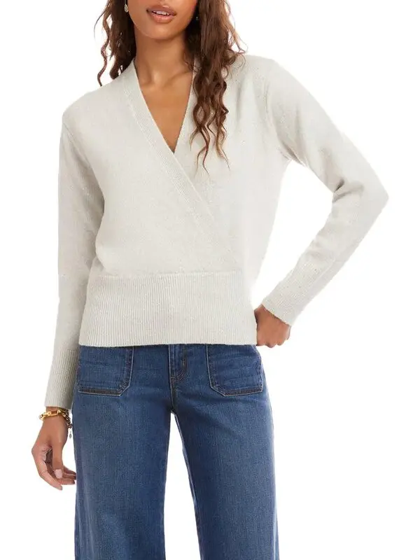 Karen Kane Sequin Embellished Wrap Sweater - Cream