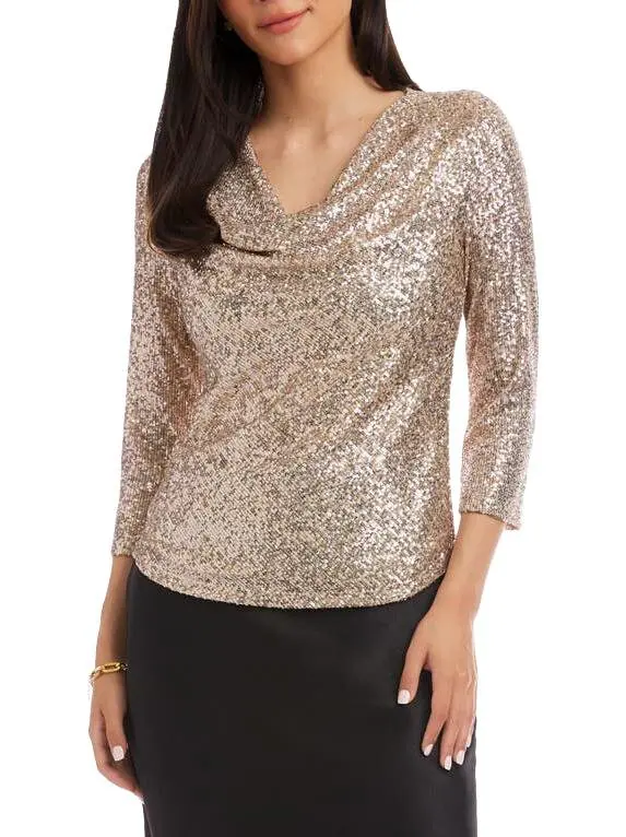 Karen Kane Sequin Drape Neck Top - Champagne