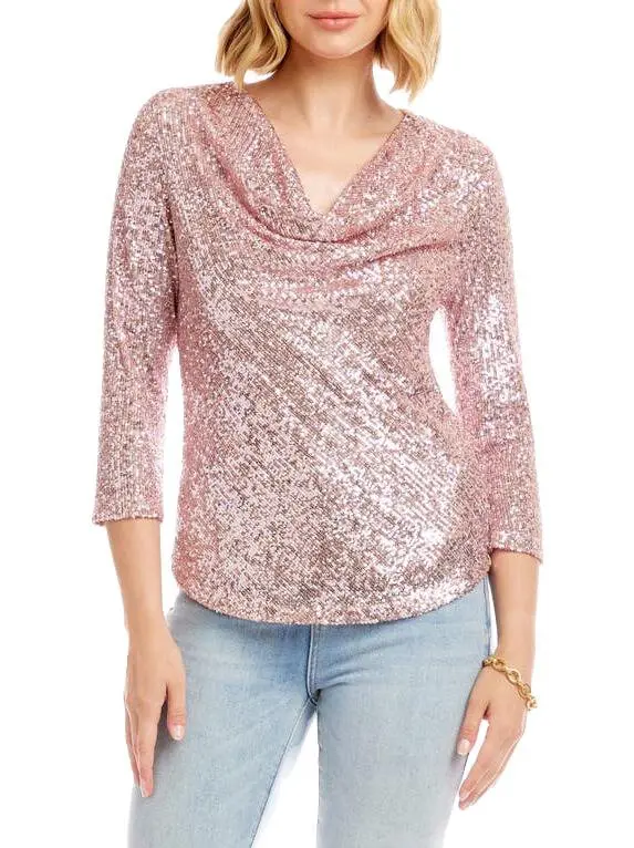 Karen Kane Sequin Drape Neck Top - Pink