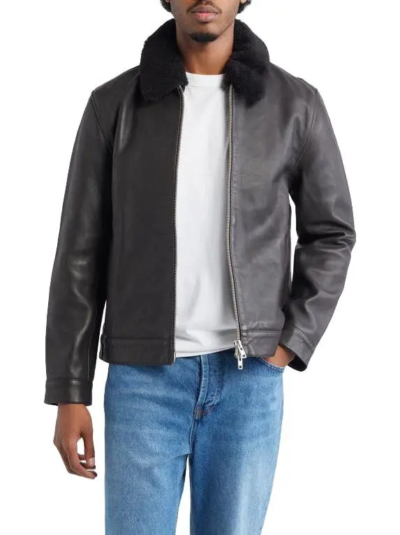 WAX LONDON Kendal Leather Flight Jacket With Genuine Shearling Collar - Dark Brown