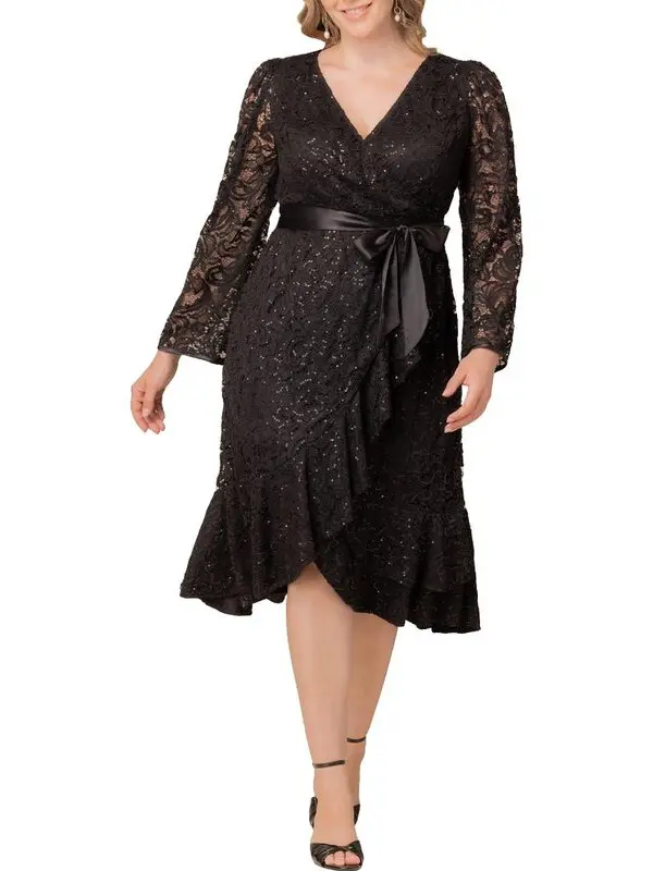 KIYONNA Sequin Lace Fit & Flare Dress - Onyx