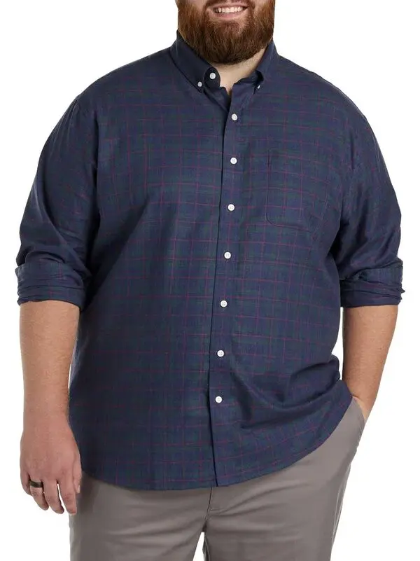OAK HILL BY DXL Big & Tall Heathered Plaid Sport Shirt - Navy