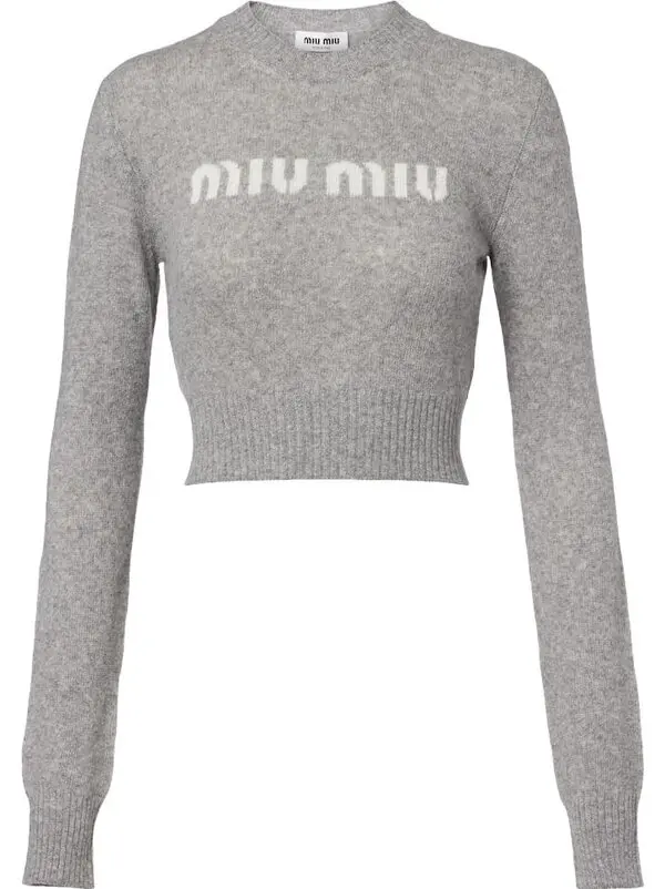 Miu Miu Logo Cropped Wool And Cashmere Sweater - Grey