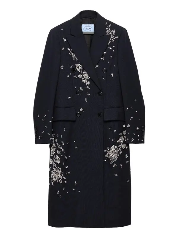 Prada Embroidered Double-breasted Wool Coat - Blue