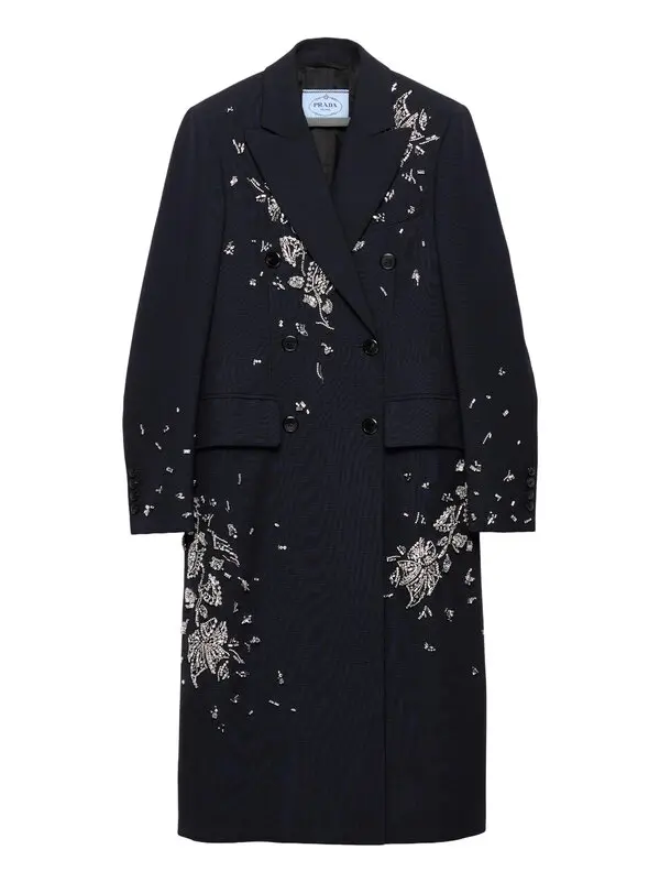 Prada Embroidered Wool Double-breasted Coat - Navy