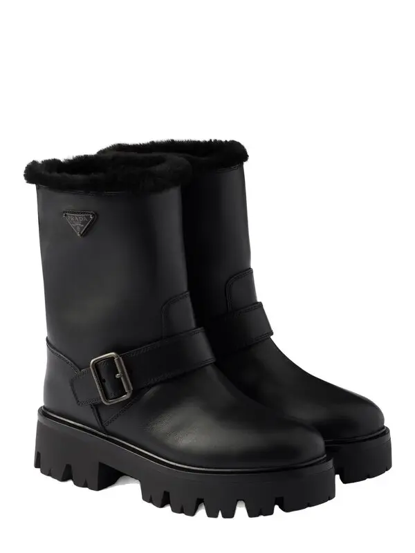 Prada Leather And Shearling Booties - Black