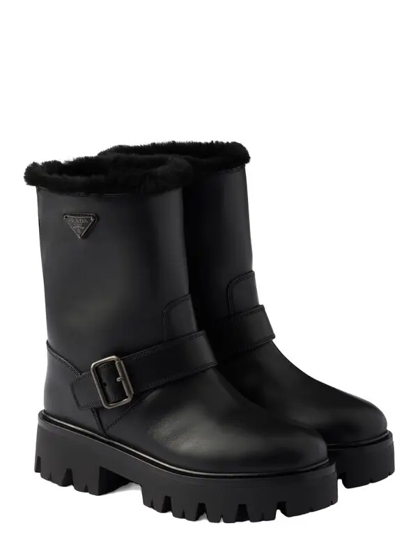 Prada Leather And Shearling Booties - Black