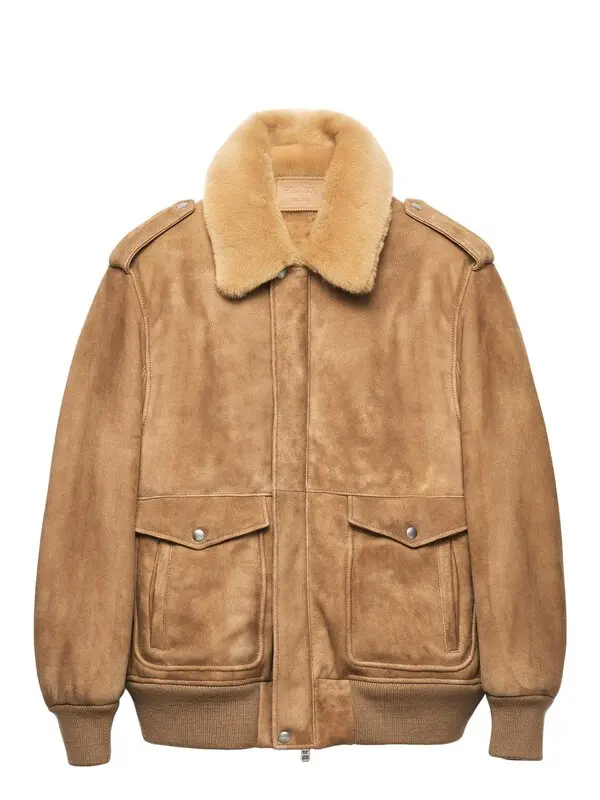 Prada Suede And Shearling Bomber Jacket - Neutral