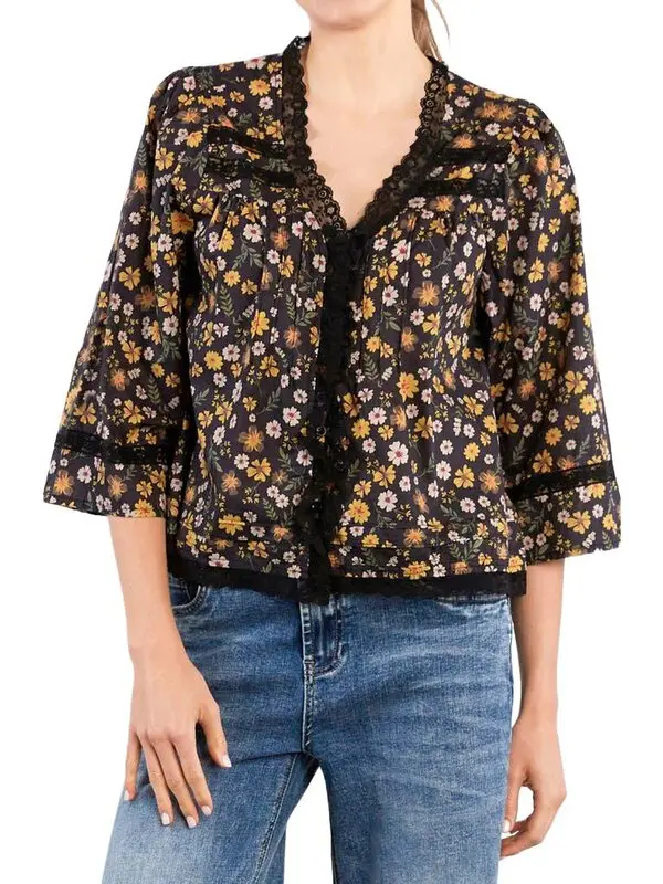 BILLY T Floral Lace Trim Button-up Shirt - Night Floral