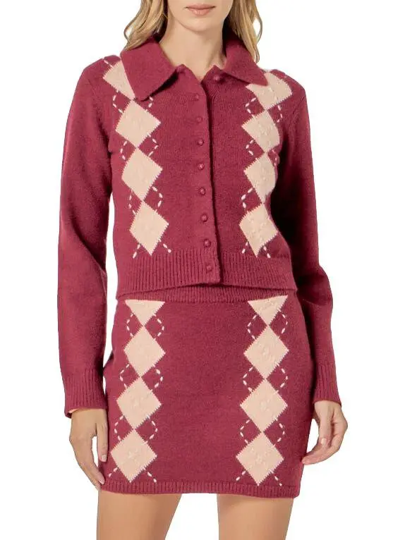 English Factory Collared Argyle Cardigan - Burgundy/salmon