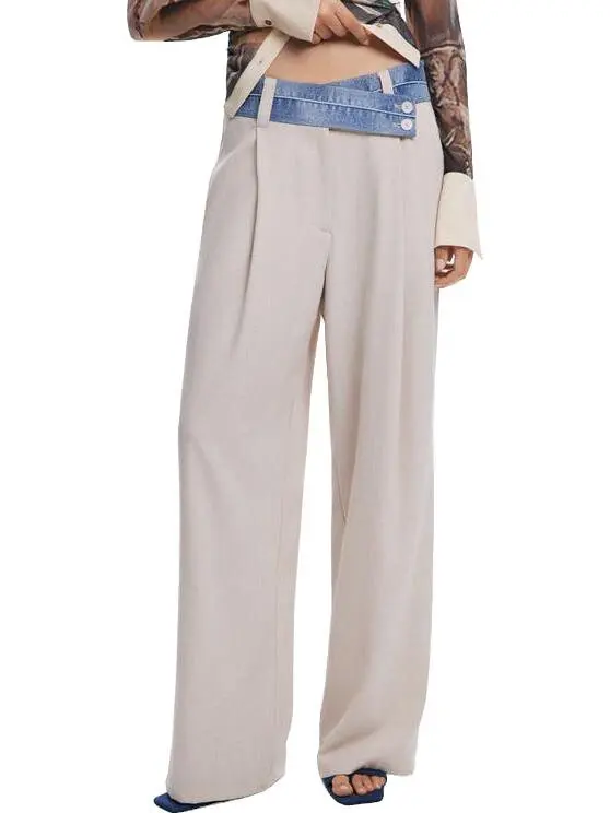Desigual Mixed Media Wide Leg Pants - Beige