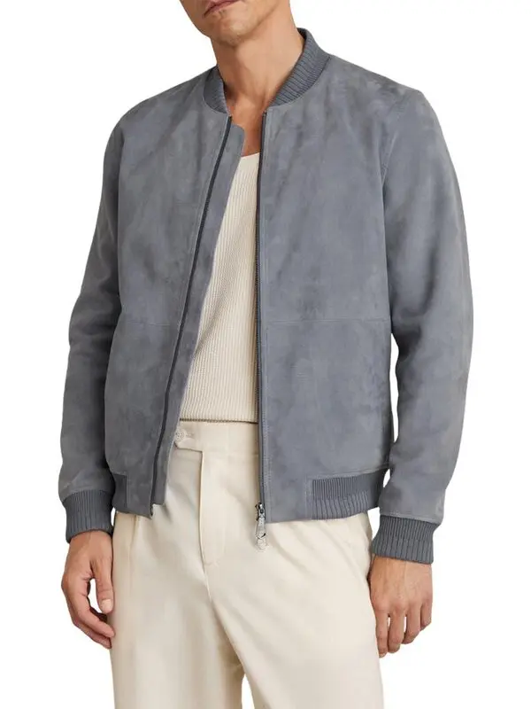 REISS Burnham Suede Bomber Jacket - Denim Blue