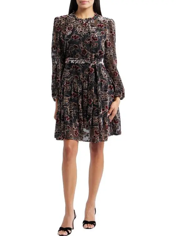 Julia Jordan Burnout Velvet Floral Fit & Flare Dress - Black Multi