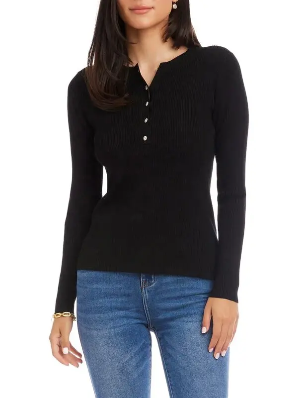 Karen Kane Rib Henley Sweater - Black
