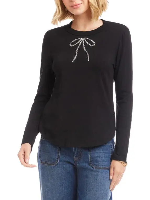 Karen Kane Embellished Rhinestone Bow Long-sleeve T-shirt - Black